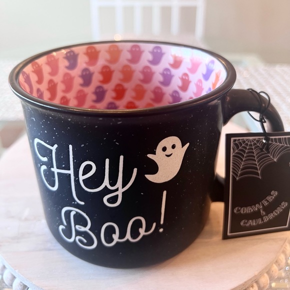 Cobwebs & Cauldrons | Dining | Hey Boo Black Pink Orange Ghost Mug ...